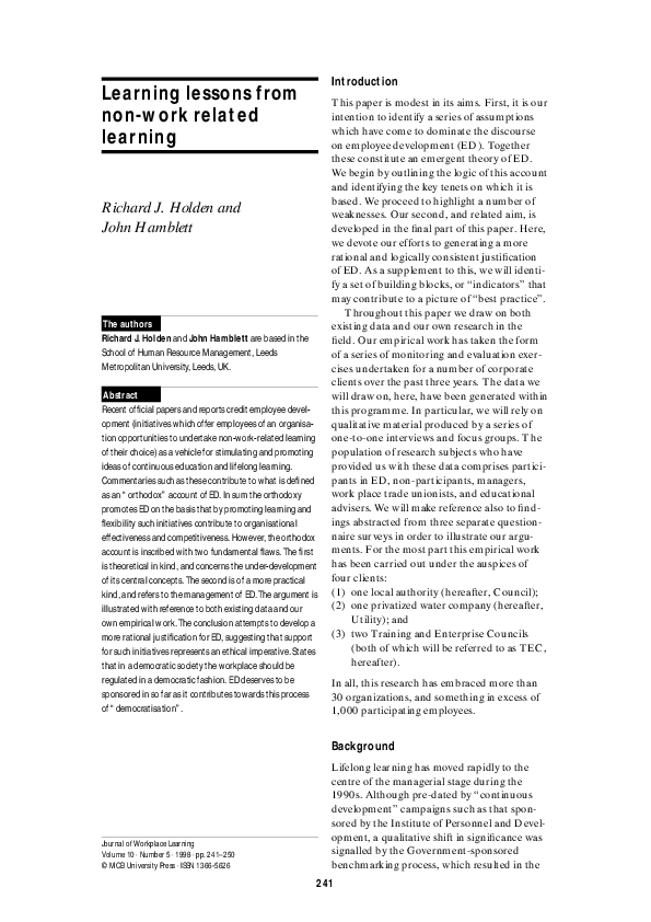 (PDF) Learning lessons from non‐work related learning