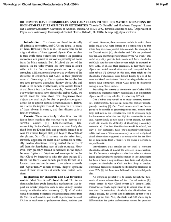(PDF) Do Comets Have Chondrules and CAIs? Clues to the Formation ...