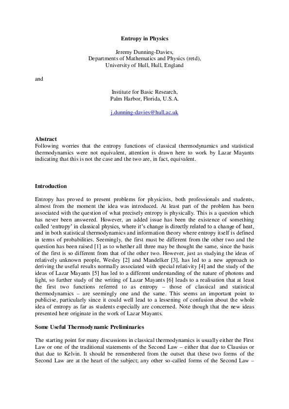 (PDF) Entropy in Physics