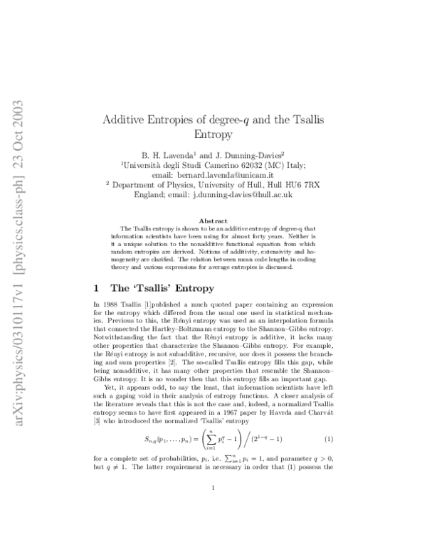 (PDF) Pseudo-additive Entropies of Degree-q and the Tsallis Entropy