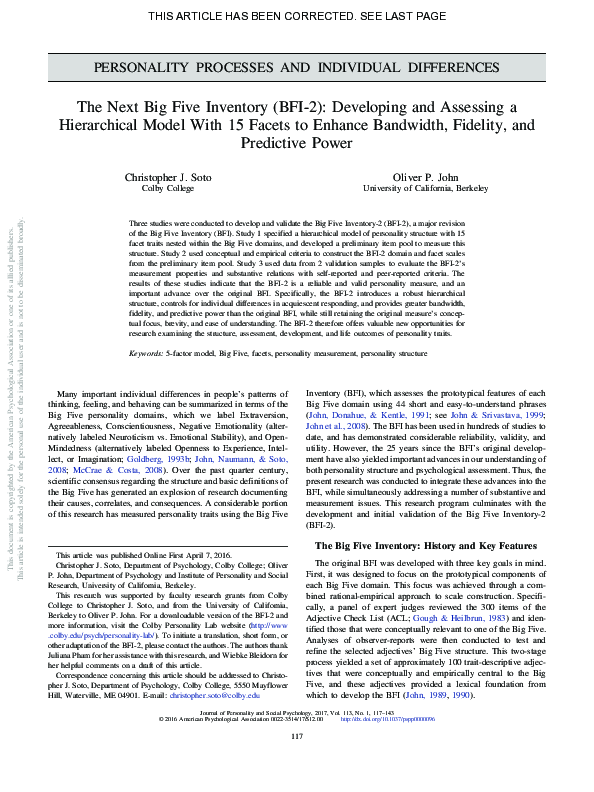 (PDF) The Next Big Five Inventory (BFI-2): Developing and Assessing a ...