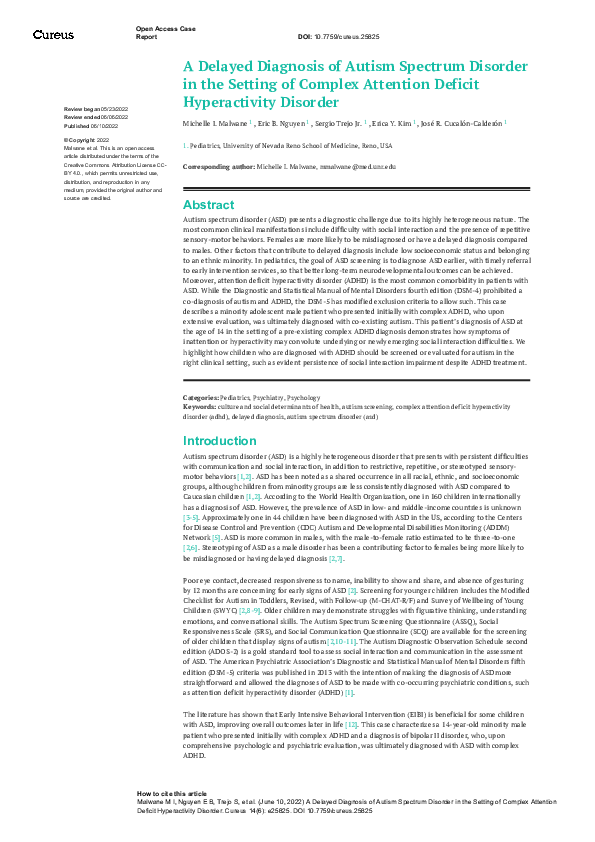(PDF) A Delayed Diagnosis of Autism Spectrum Disorder in the Setting of Complex Attention ...