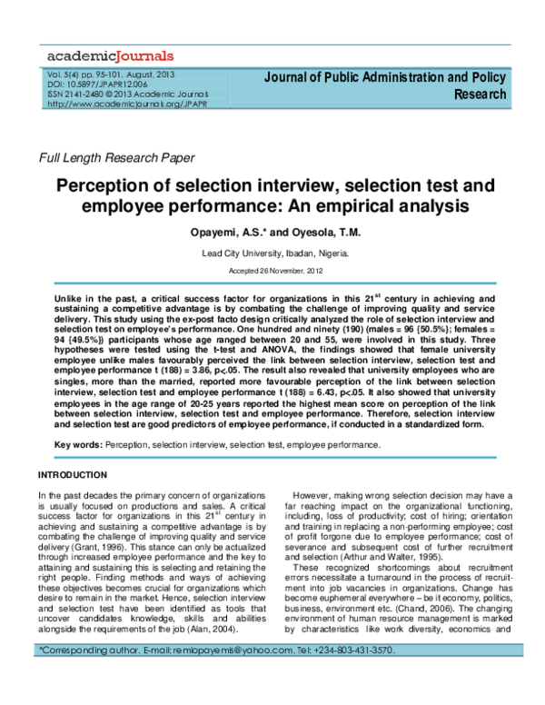 (PDF) Perception of selection interview, selection test and employee ...