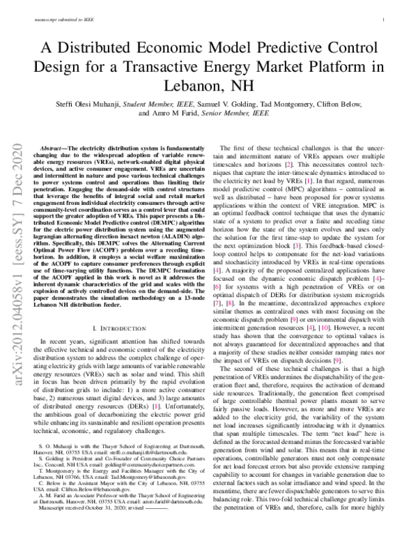 Pdf A Distributed Economic Model Predictive Control Design For A Transactive Energy Market