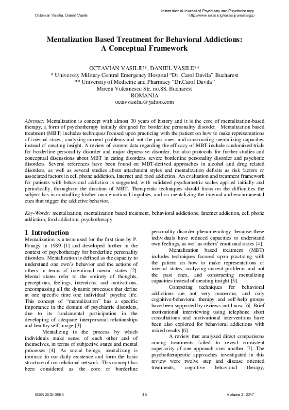 (PDF) Mentalization Based Treatment for Behavioral Addictions: A ...