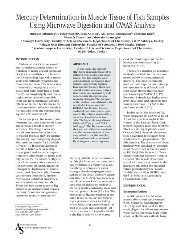(PDF) Mercury Determination in Muscle Tissue of Fish Samples by CVAAS