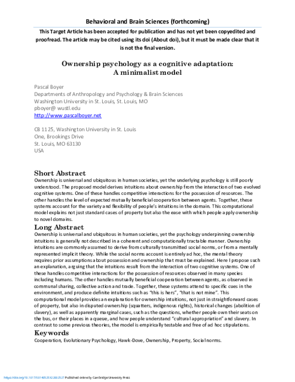 (PDF) Ownership psychology as a cognitive adaptation: A minimalist model