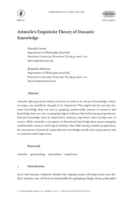 (PDF) Aristotle’s Empiricist Theory of Doxastic Knowledge