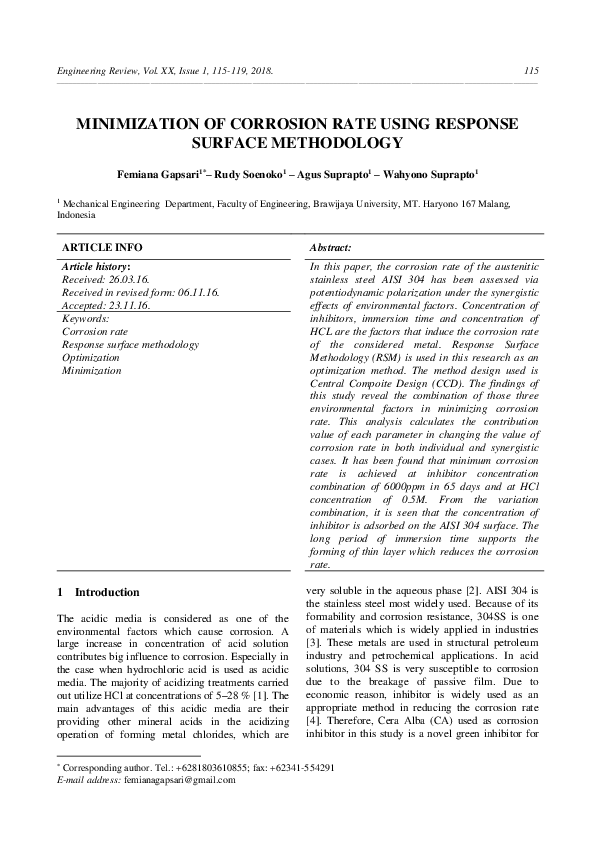 (PDF) Minimization of Corrosion Rate Using Response Surface Methodology