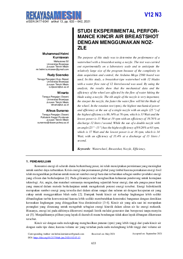 (PDF) Studi Eksperimental Performance Kincir Air Breastshot dengan Menggunakan Nozzle