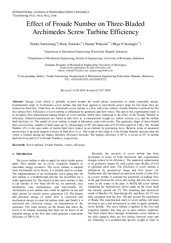 (PDF) Effect of Froude Number on Three-Bladed Archimedes Screw Turbine ...