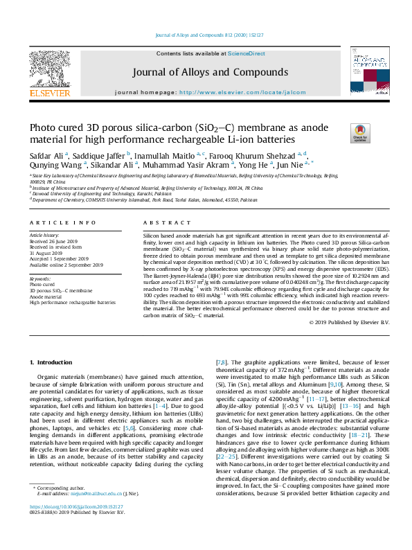 (PDF) Photo cured 3D porous silica-carbon (SiO2–C) membrane as anode material for high ...