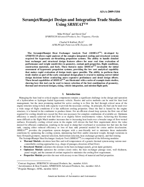 (PDF) Scramjet/Ramjet Design and Integration Trade Studies Using SRHEAT
