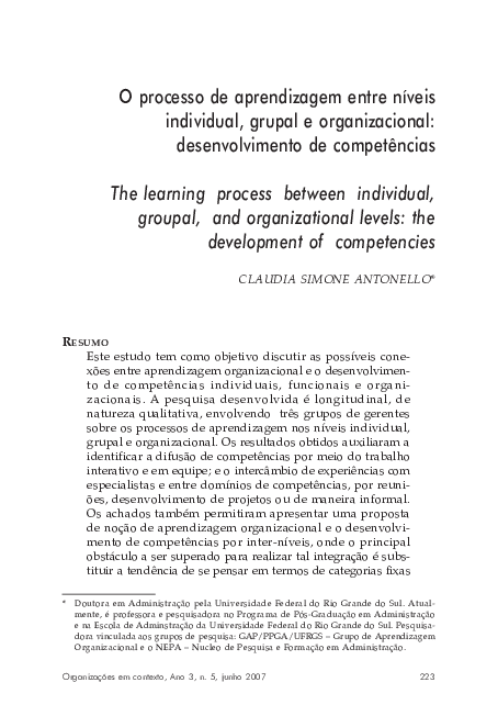 (PDF) O Processo de Aprendizagem entre Níveis Individual, Grupal e ...