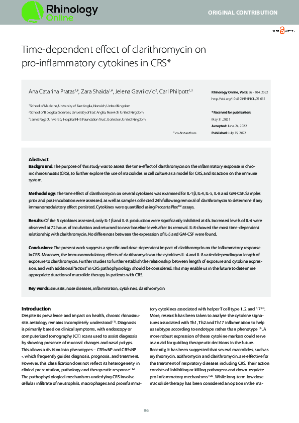 Pdf Time Dependent Effect Of Clarithromycin On Pro Inflammatory
