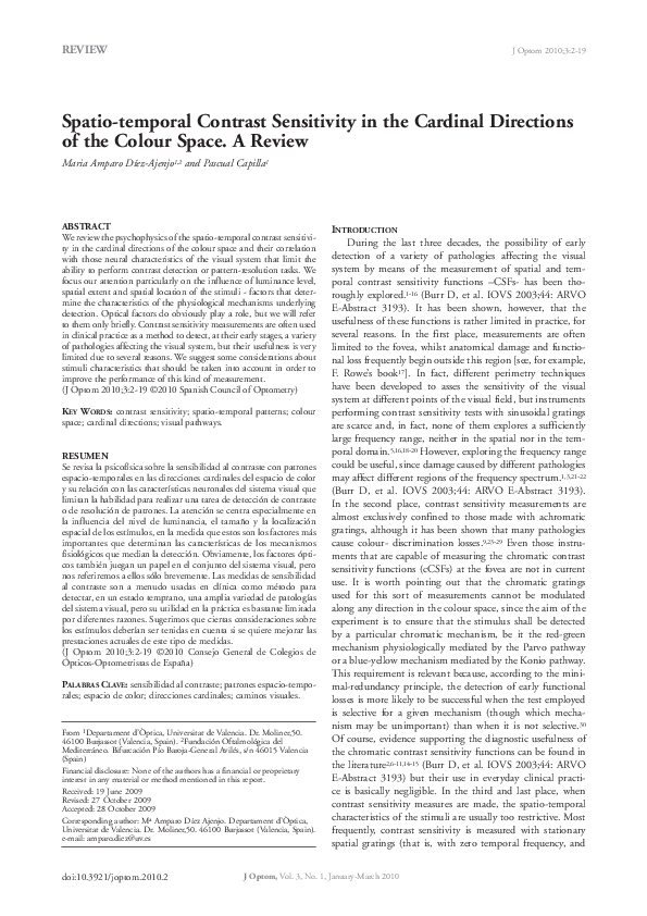 (PDF) Spatio-temporal Contrast Sensitivity in the Cardinal Directions of the Colour Space. A Review