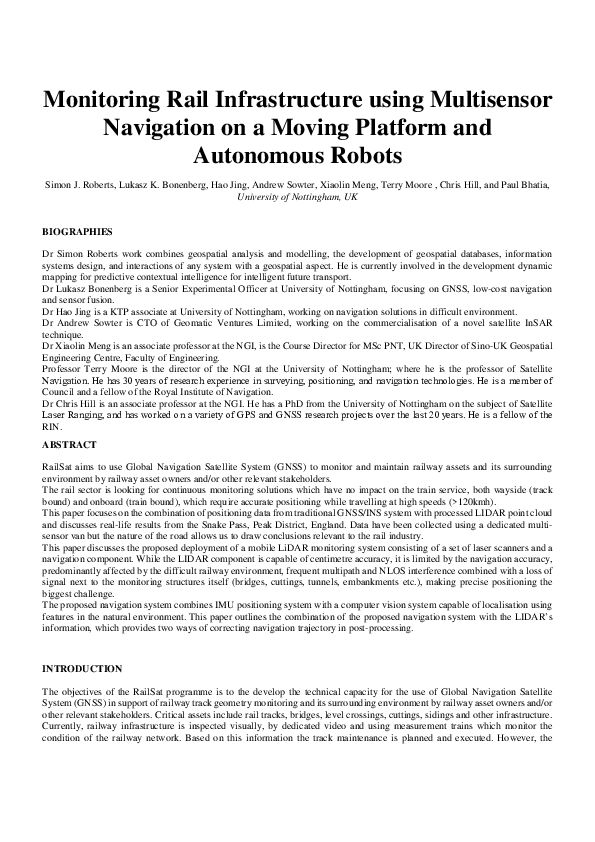 Pdf Monitoring Rail Infrastructure Using Multisensor Navigation On A Moving Platform And