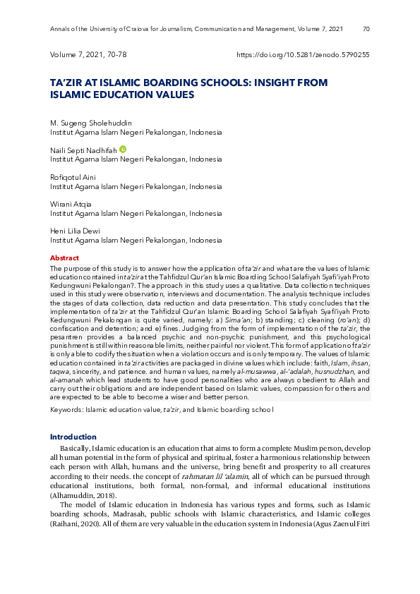 (PDF) Ta'Zir at Islamic Boarding Schools: Insight from Islamic Education Values