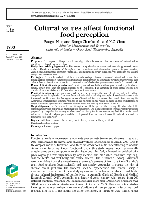 (PDF) Cultural values affect functional food perception