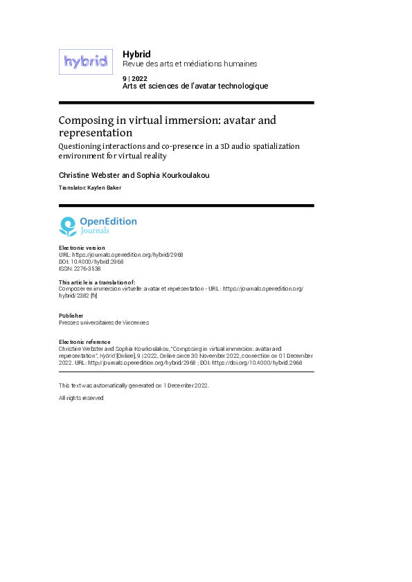 (PDF) Composing in virtual immersion: avatar and representation