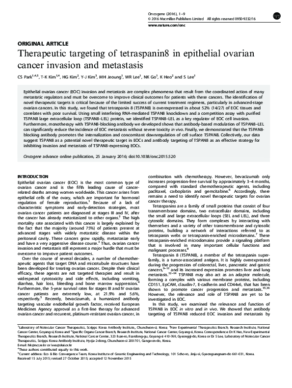 (PDF) Therapeutic targeting of tetraspanin8 in epithelial ovarian ...