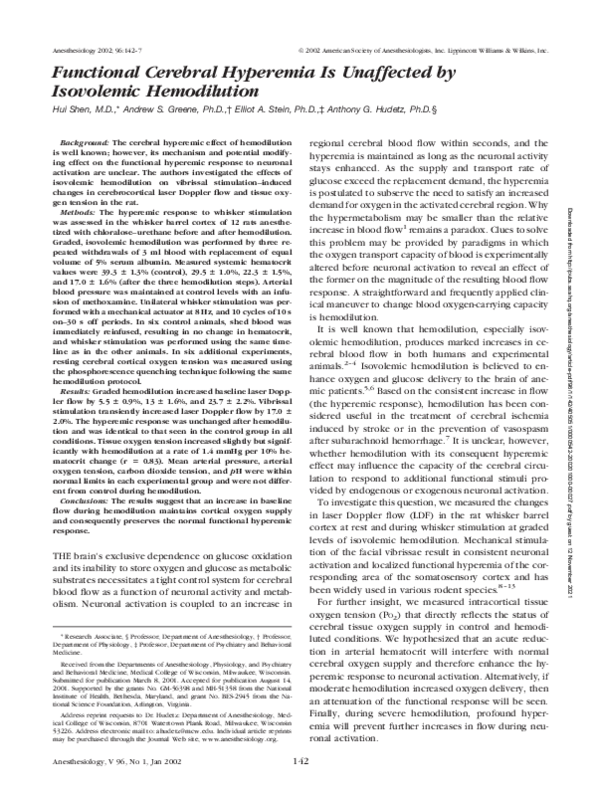 (PDF) Functional Cerebral Hyperemia Is Unaffected by Isovolemic ...
