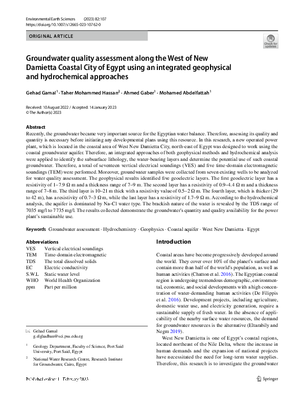 (PDF) Groundwater quality assessment along the West of New Damietta Coastal City of Egypt using ...