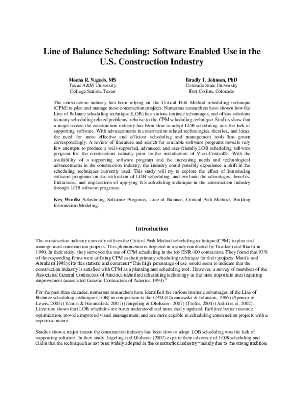 (PDF) Line of balance scheduling: software enabled use in the US construction industry