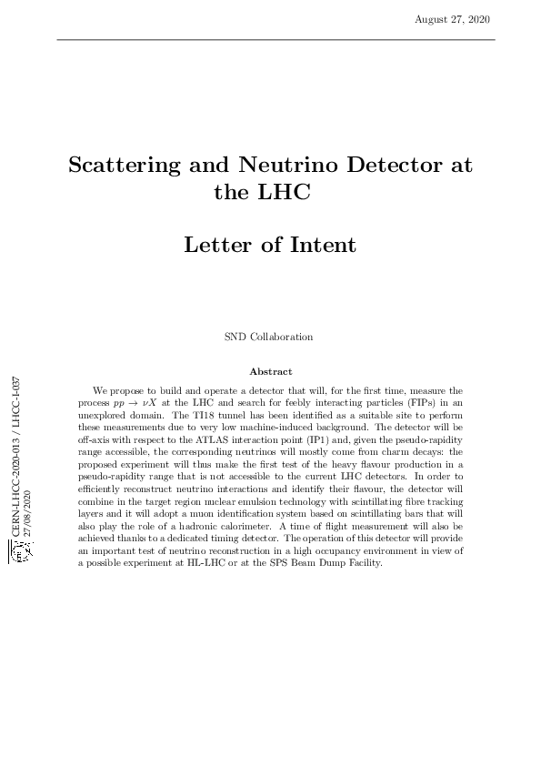 (PDF) Scattering and Neutrino Detector at the LHC Letter of Intent | G ...