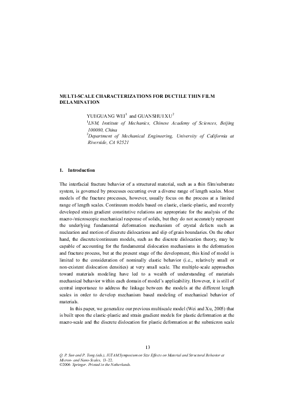 Pdf Multi Scale Characterizations For Ductile Thin Film Delamination Guanshui Xu
