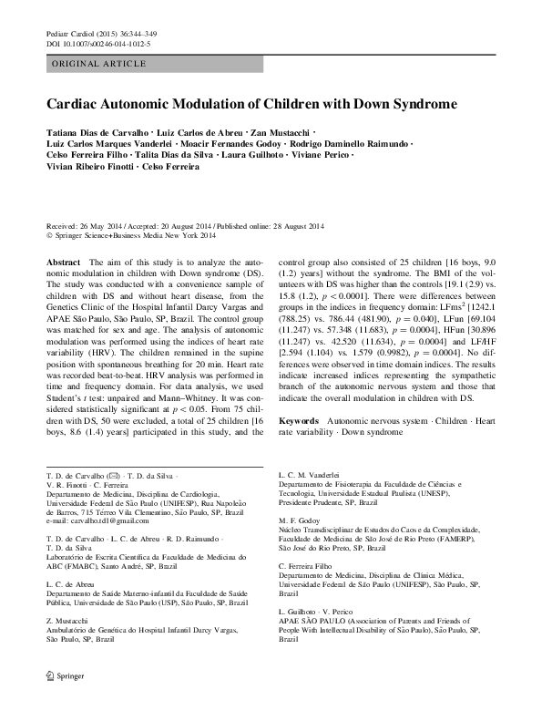 (PDF) Cardiac Autonomic Modulation of Children with Down Syndrome