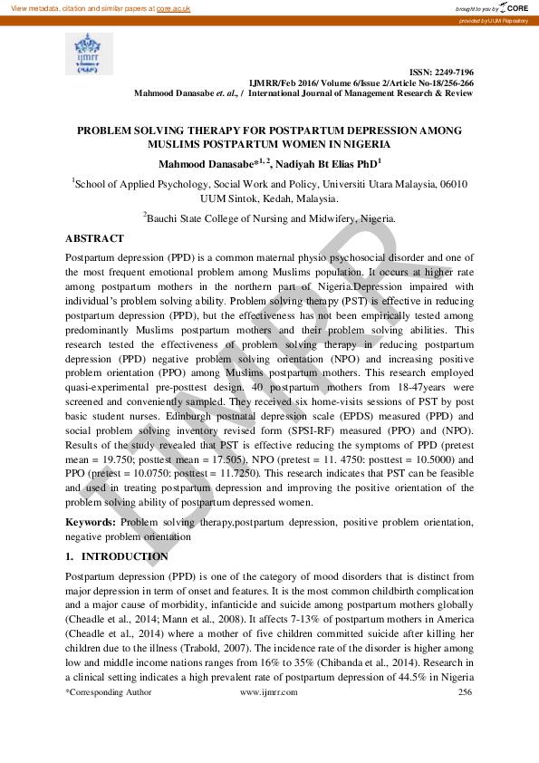 (PDF) Problem Solving Therapy for Postpartum Depression Among Muslims ...