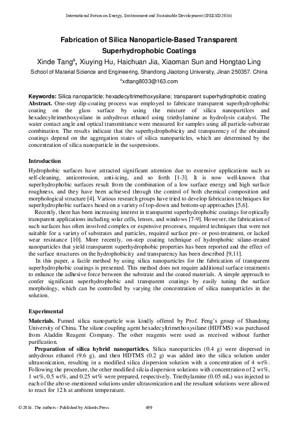 (PDF) Fabrication of Silica Nanoparticle-Based Transparent Superhydrophobic Coatings