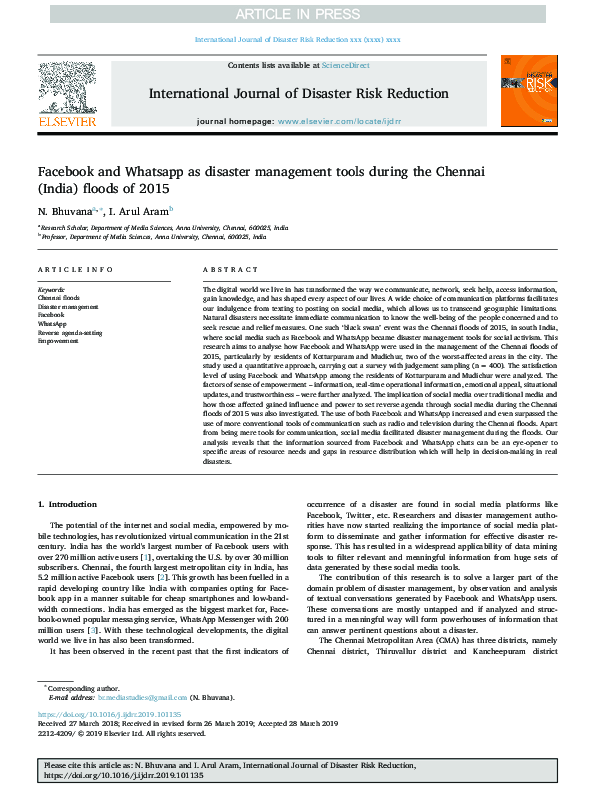 (PDF) Facebook and Whatsapp as disaster management tools during the ...