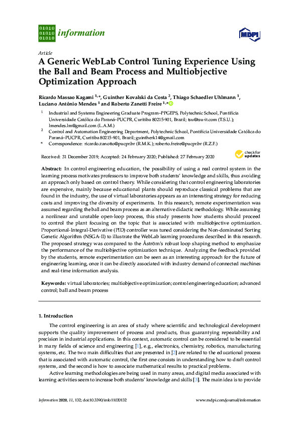 (PDF) A Generic WebLab Control Tuning Experience Using the Ball and Beam Process and ...