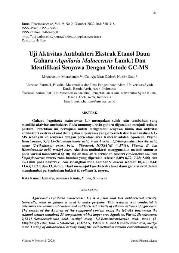 (PDF) Uji Aktivitas Antibakteri Ekstrak Etanol Daun Gaharu (Aquilaria Malaccensis Lamk.) Dan ...
