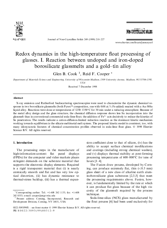 (PDF) Redox dynamics in the high-temperature float processing of glasses. I. Reaction between ...