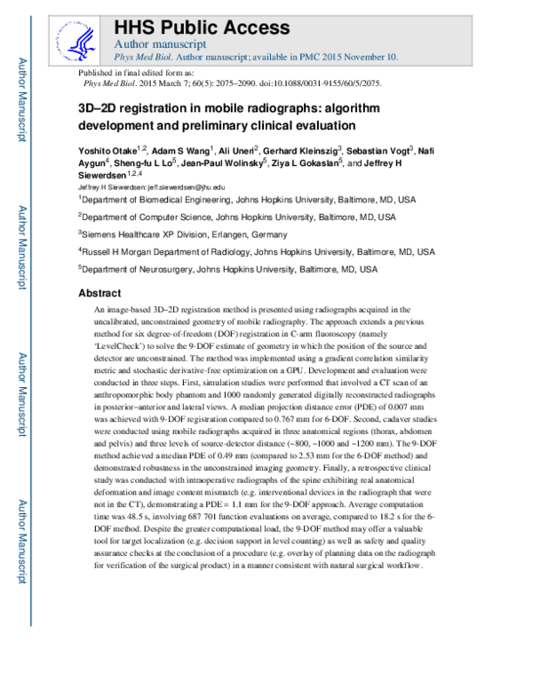Pdf 3d 2d Registration In Mobile Radiographs Algorithm Development And Preliminary Clinical