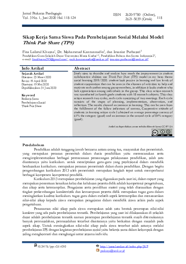 (PDF) Sikap Kerja Sama Siswa Pada Pembelajaran Sosial Melalui Model Think Pair Share (TPS)
