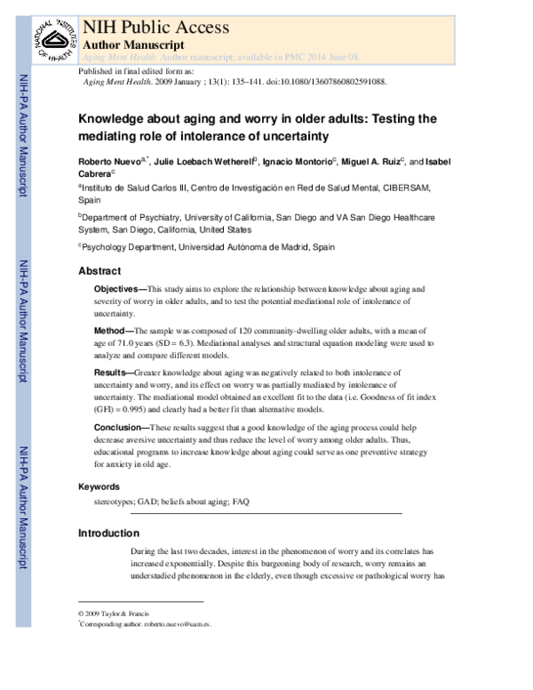 (PDF) Knowledge about aging and worry in older adults: Testing the ...