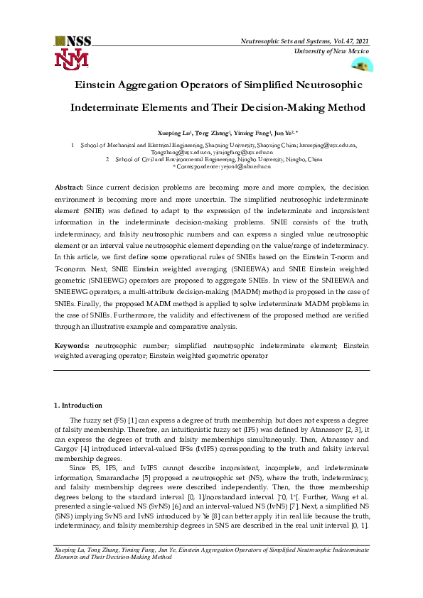 (PDF) Einstein Aggregation Operators of Simplified Neutrosophic Indeterminate Elements and Their ...