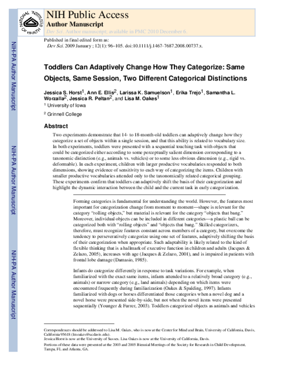 (PDF) Toddlers can adaptively change how they categorize: same objects ...
