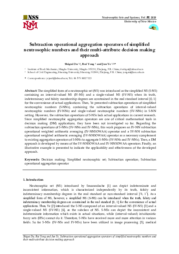 (PDF) Subtraction operational aggregation operators of simplified ...