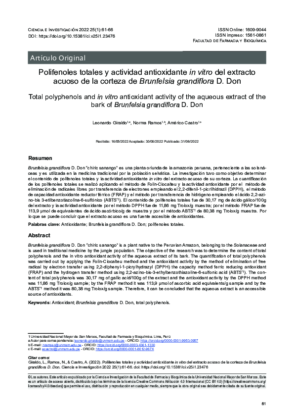 (PDF) Polifenoles totales y actividad antioxidante in vitro del ...