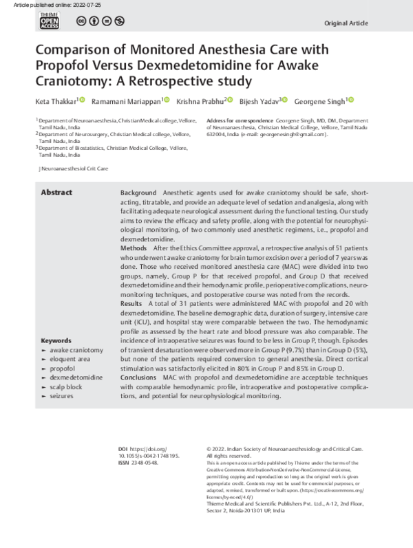 (PDF) Comparison of Monitored Anesthesia Care with Propofol Versus Dexmedetomidine for Awake ...