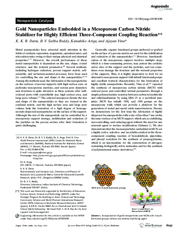 (PDF) Gold Nanoparticles Embedded in a Mesoporous Carbon Nitride Stabilizer for Highly Efficient ...