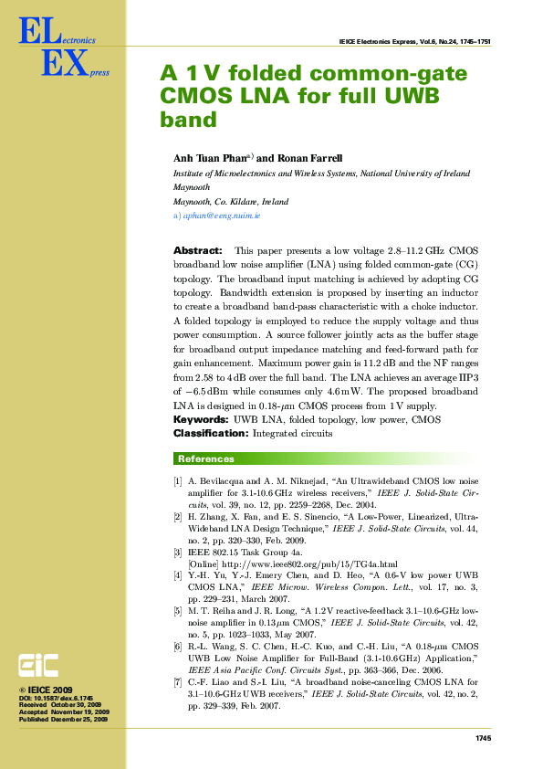 (PDF) A 1V folded common-gate CMOS LNA for full UWB band