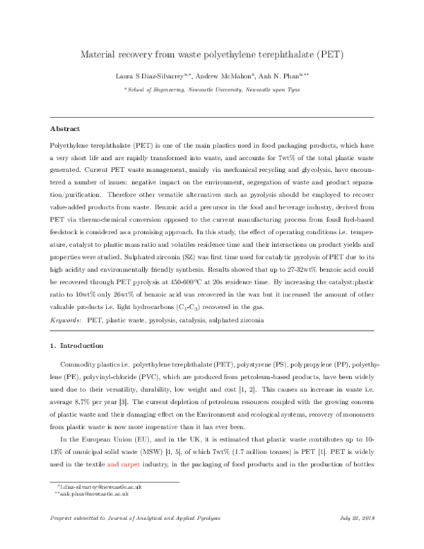 (PDF) Material recovery from waste polyethylene terephthalate (PET)