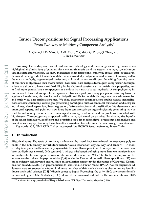 (PDF) Tensor Decompositions for Signal Processing Applications: From two-way to multiway ...