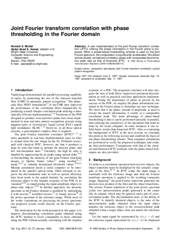 Pdf Joint Fourier Transform Correlation With Phase Thresholding In The Fourier Domain Abdul 9181